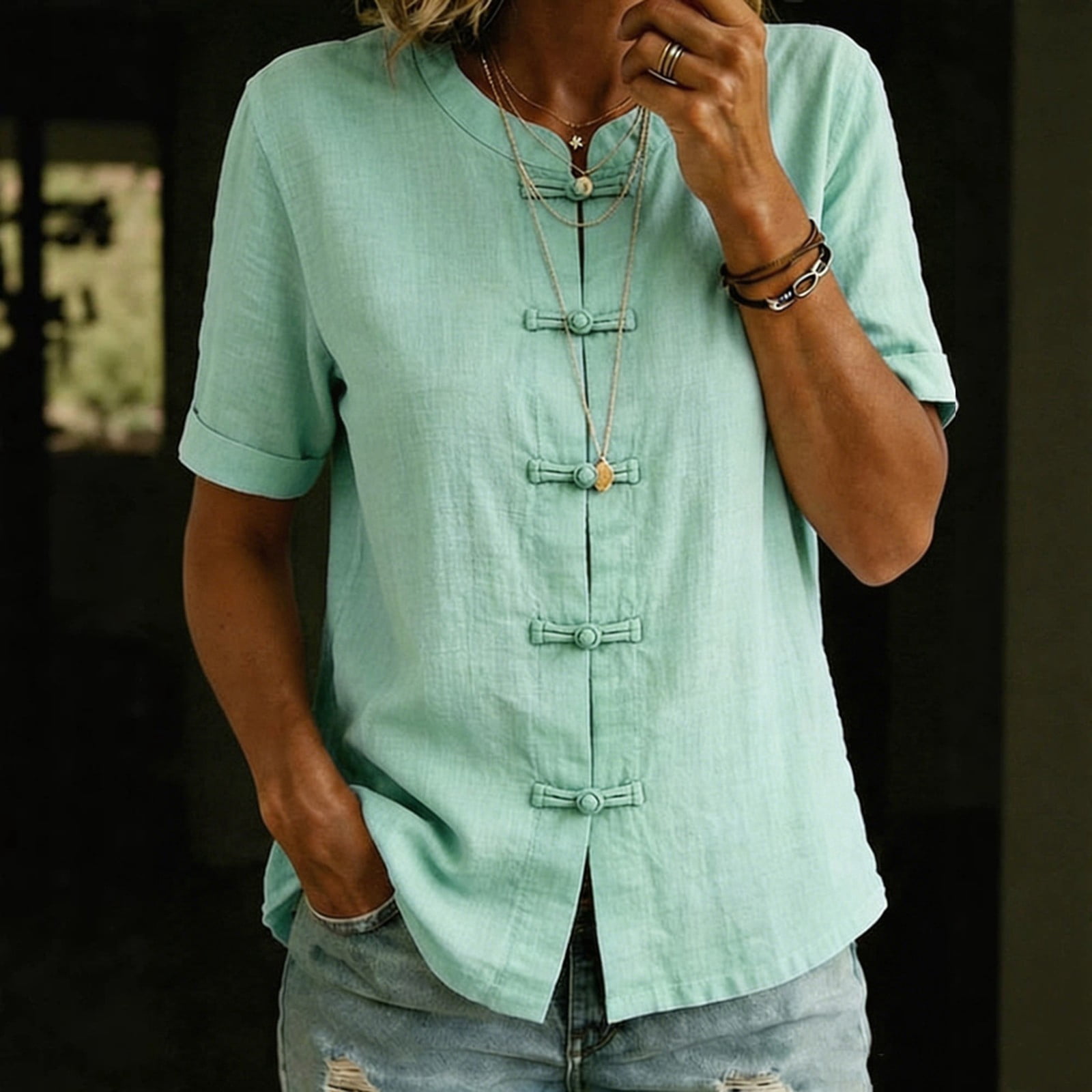 2026 Cotton Blouse Women's Summer Casual Basic Tunic with Buttons Loose ...