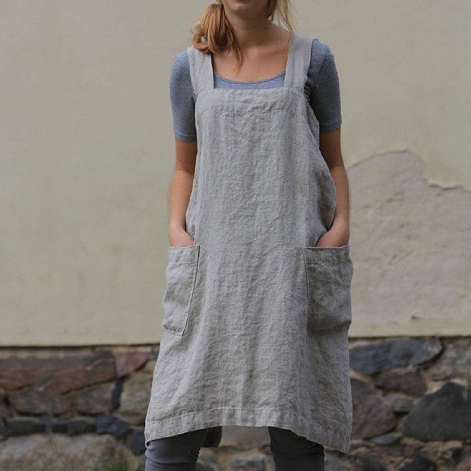 2026 Cotton Linen Apron for women Cross Back Apron Pinafore Dress for ...