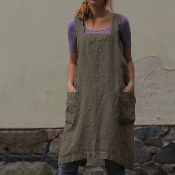 2026 Cotton Linen Apron for women Cross Back Apron Pinafore Dress for ...