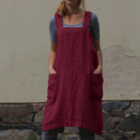 2026 Cotton Linen Apron for women Cross Back Apron Pinafore Dress for ...