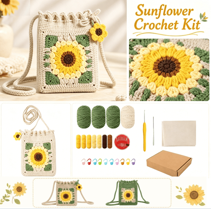 Crochet Kit-Bag for Beginners, DIY Crochet Flower Bag Starters Craft ...