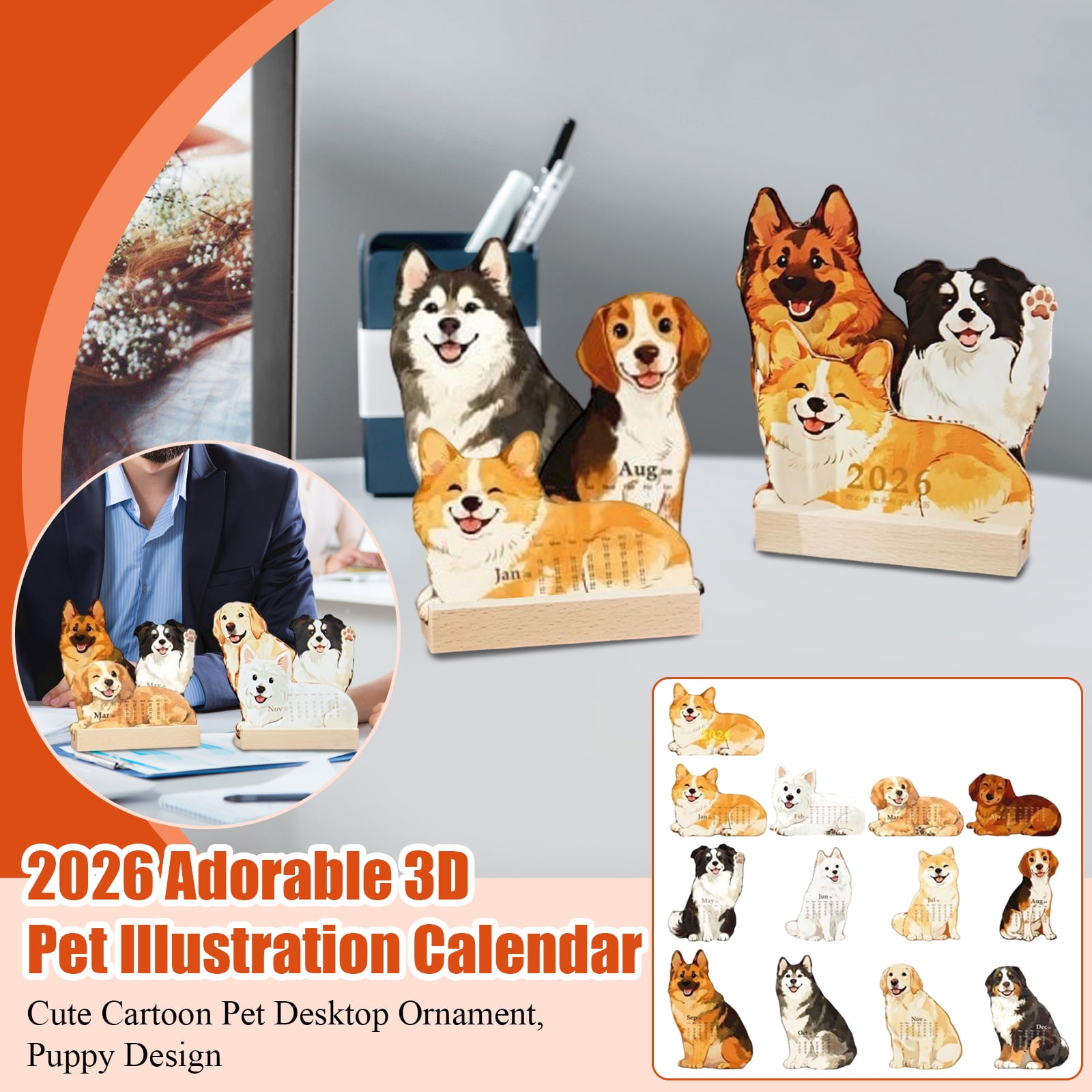 2026 Cute 3D Puppy Calendar with Stand, Adorable Pet Themed Desktop ...