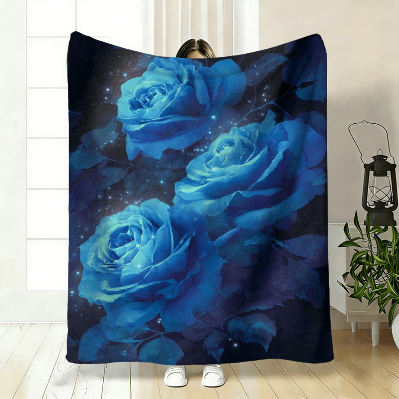 2026 Dark Blue Roses on Black Flannel Blanket, Soft Warm Lightweight ...