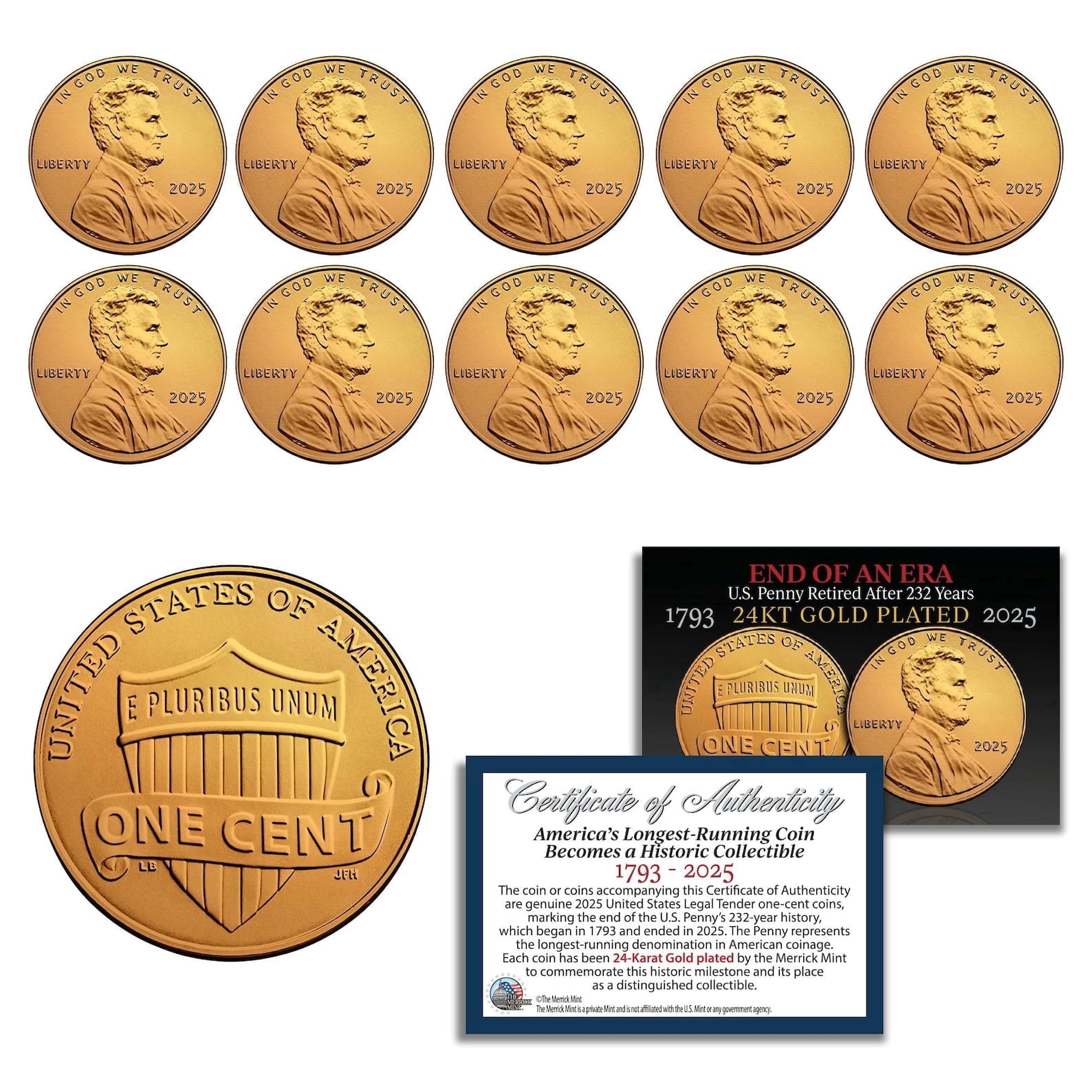 2025 Penny One Cent Last Issue U.S. Genuine Coin, 24K Gold Plated - 10 ...