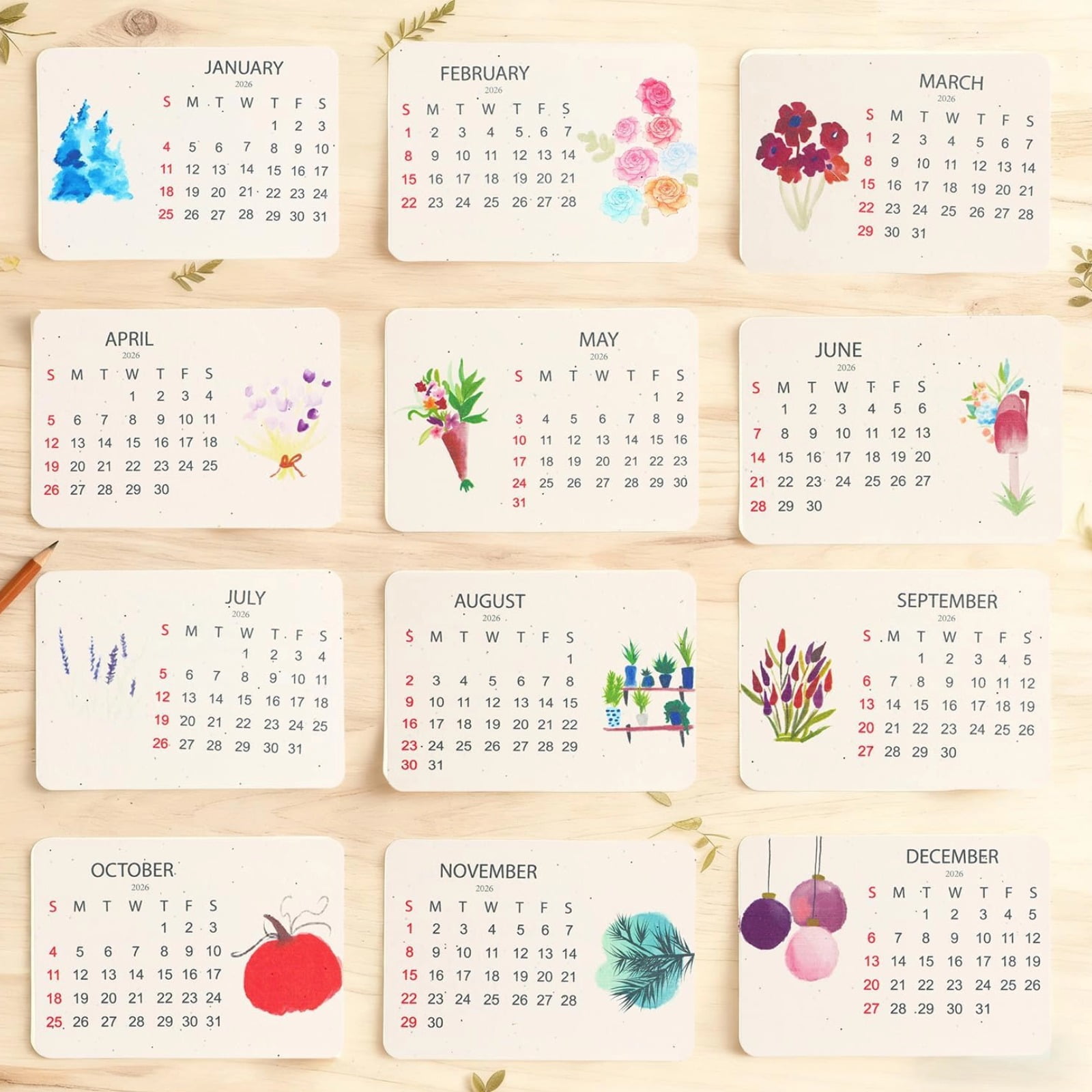 2026 Eco-Friendly Botanical Art Calendar, Monthly Watercolor Plant ...
