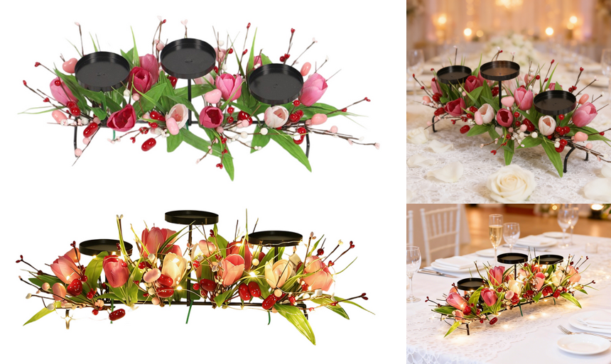2026 Edition Wedding Centerpiece - 3 Wick LED Illuminated Floral ...