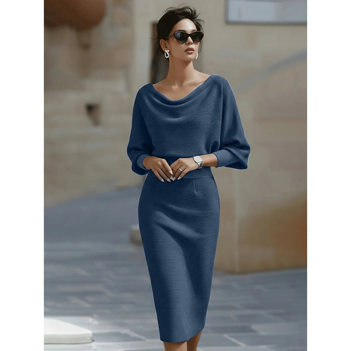 2026 Elegant Cowl Neck Knit Bodycon Dress for Women, Batwing Sleeve ...