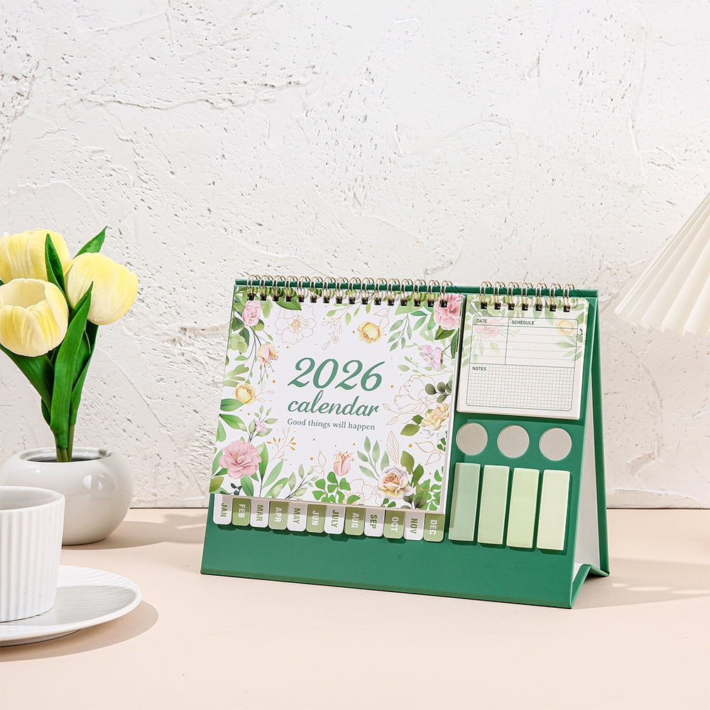 2026 Elegant Floral Desktop Calendar Planner with Stickers - Green ...