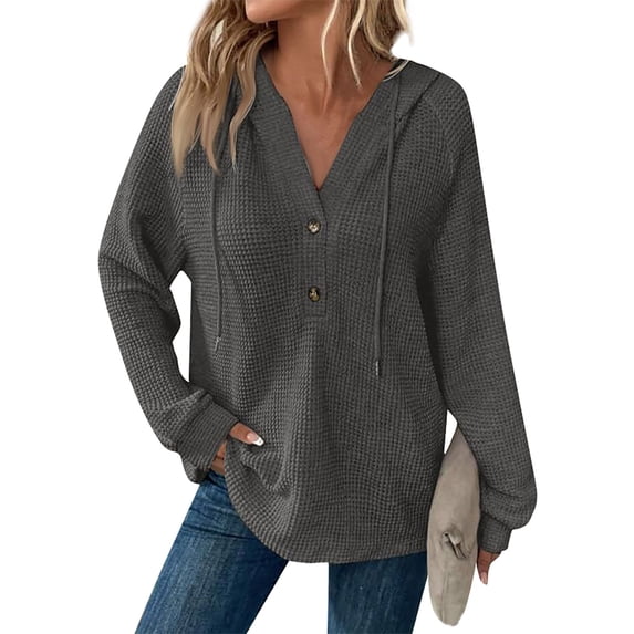2026 Fall Women Waffle Knit Sweatshirt V Neck Button Design Drawstring ...
