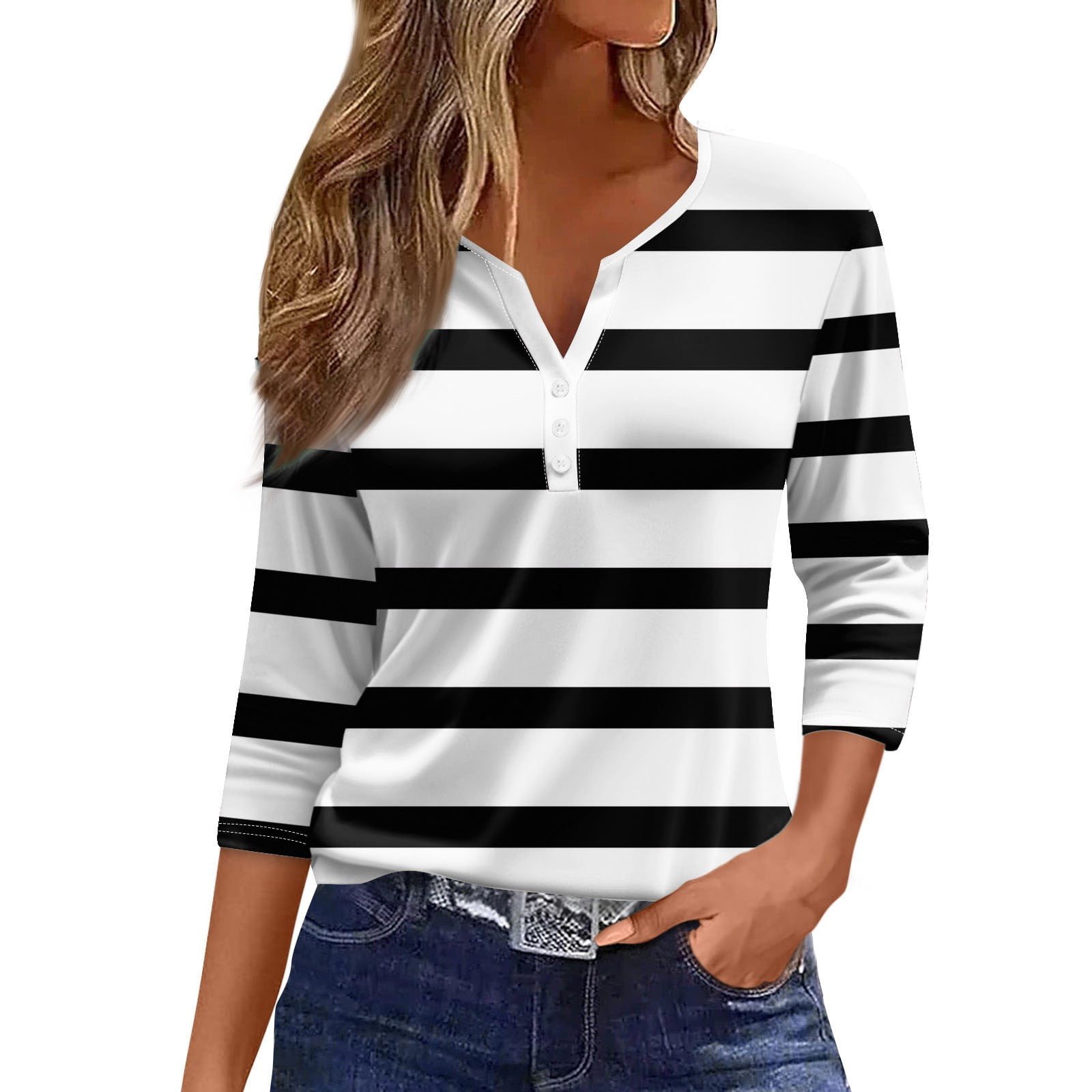 2026 Fall Women's Henley V-Neck 3/4 Sleeve Shirt, Striped Fashion Top ...