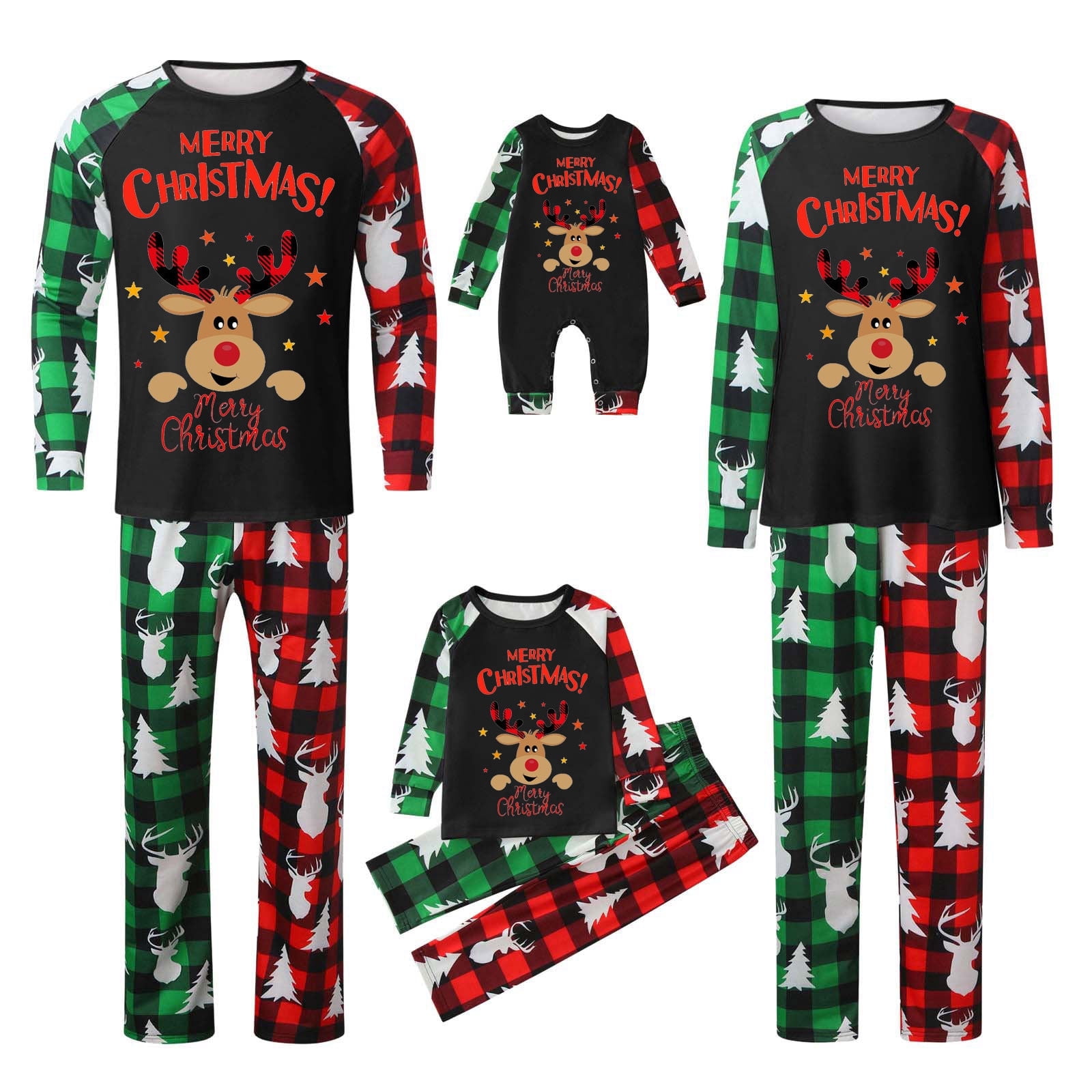 2026 Family Christmas Pajamas Sets, Reindeer Graphic Top and Plaid ...