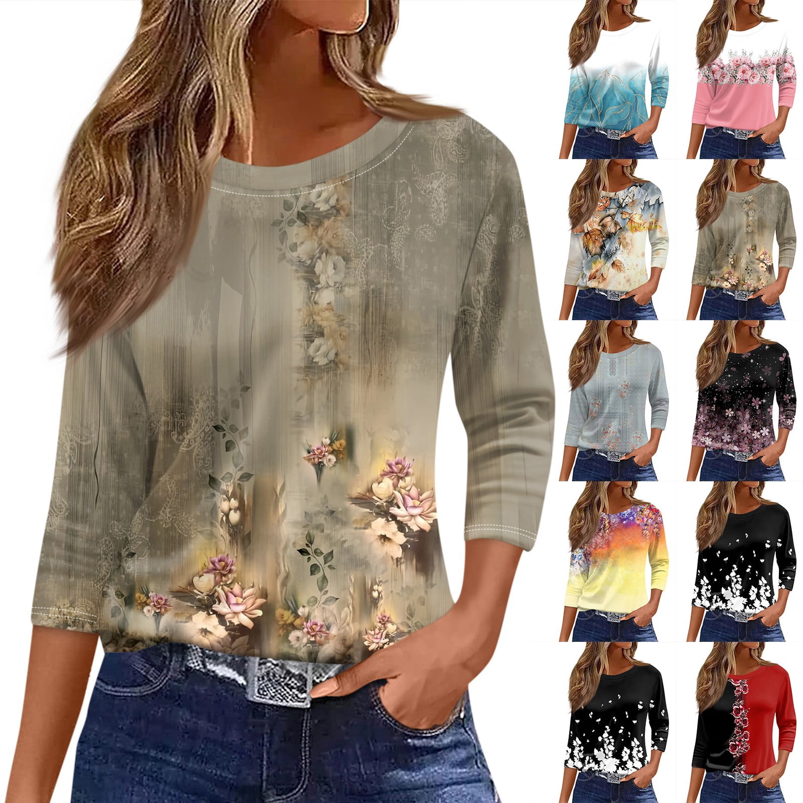 2026 Fashion Women Round Neck 3/4 Length Sleeve Shirts Loose Tunic ...