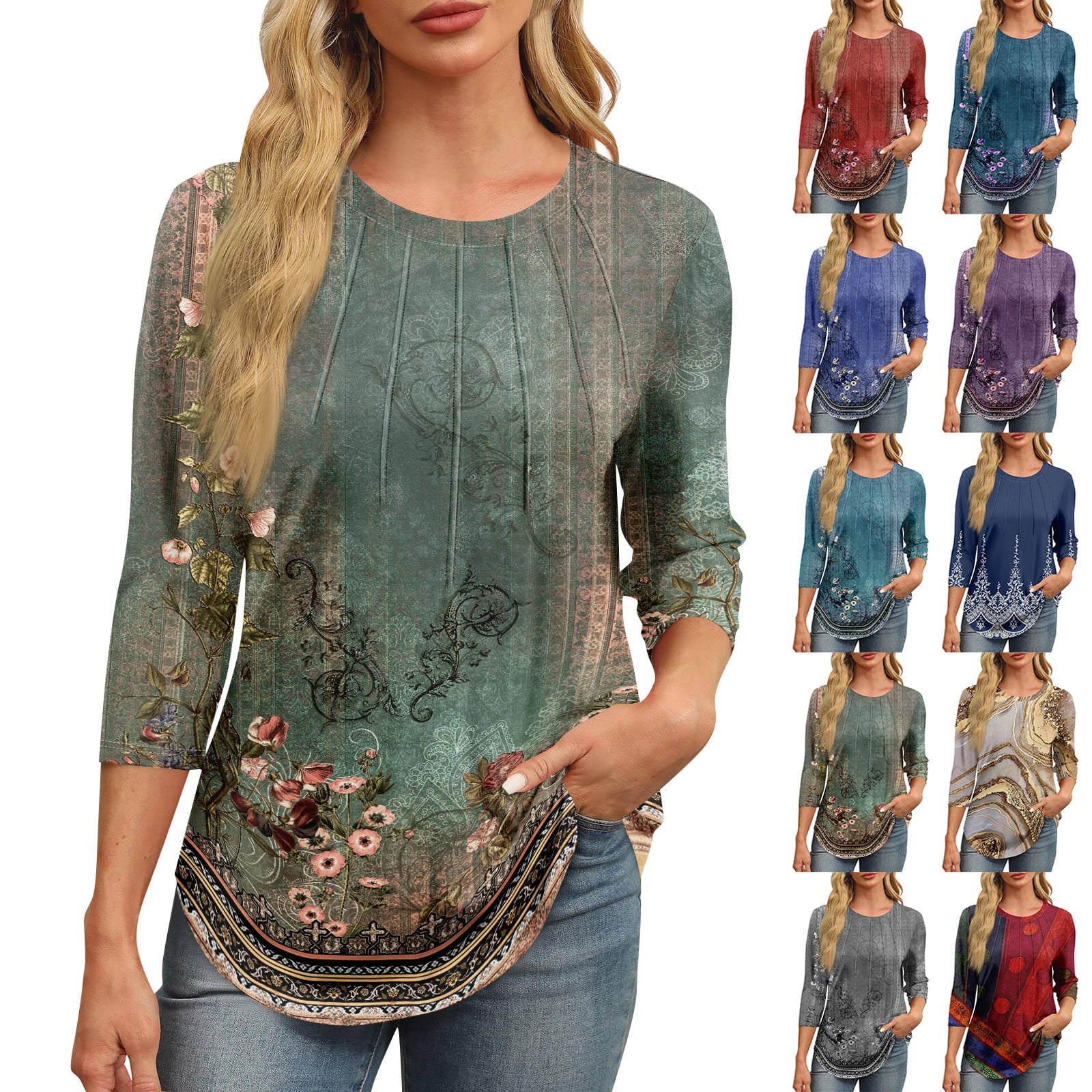 2026 Fashion Work Blouse, Women's 3/4 Sleeve Round Neck Loose Printed ...