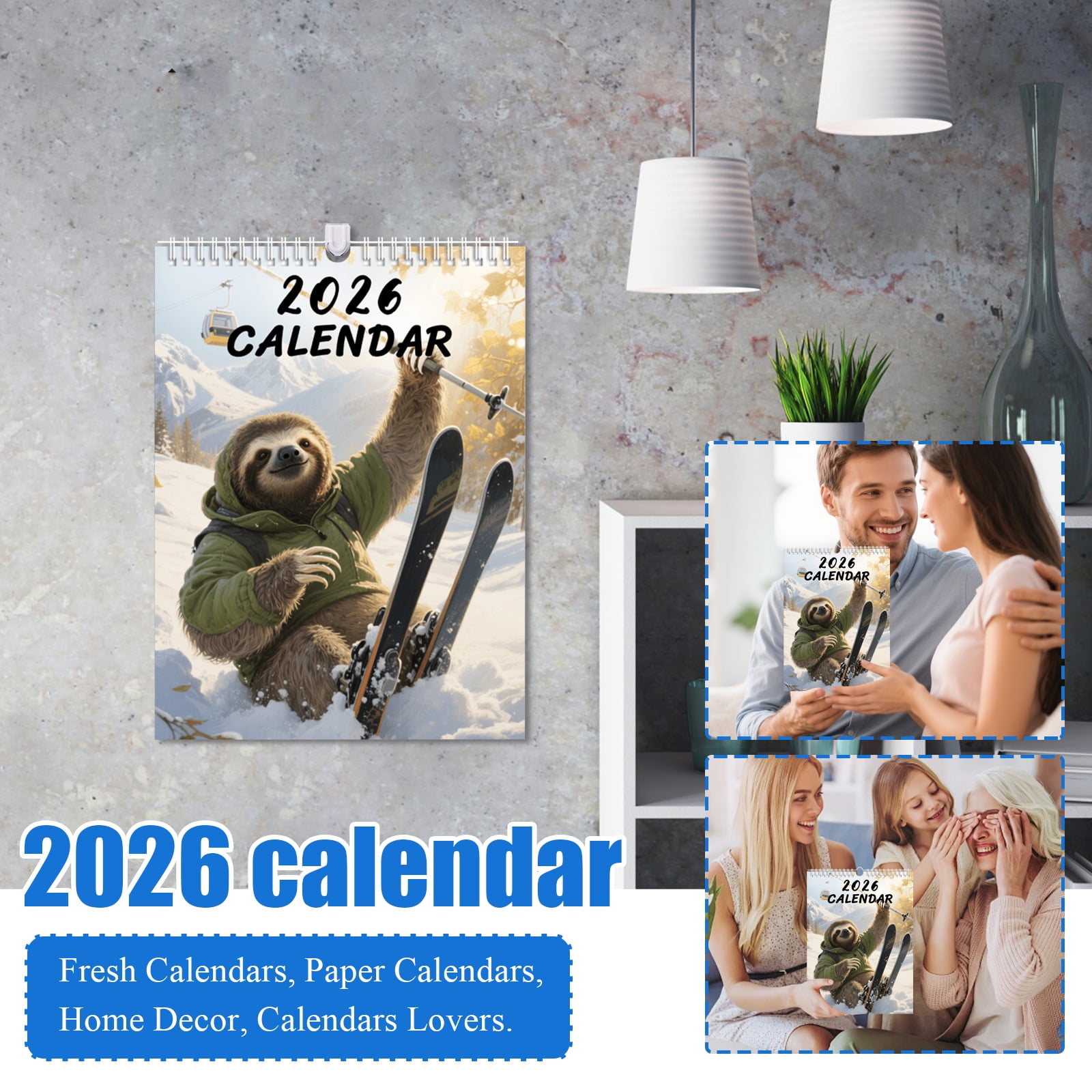 2026 Fun Sloth Wall Calendar,Animal Calendar 2026,Sloth Skiing 12 Month ...
