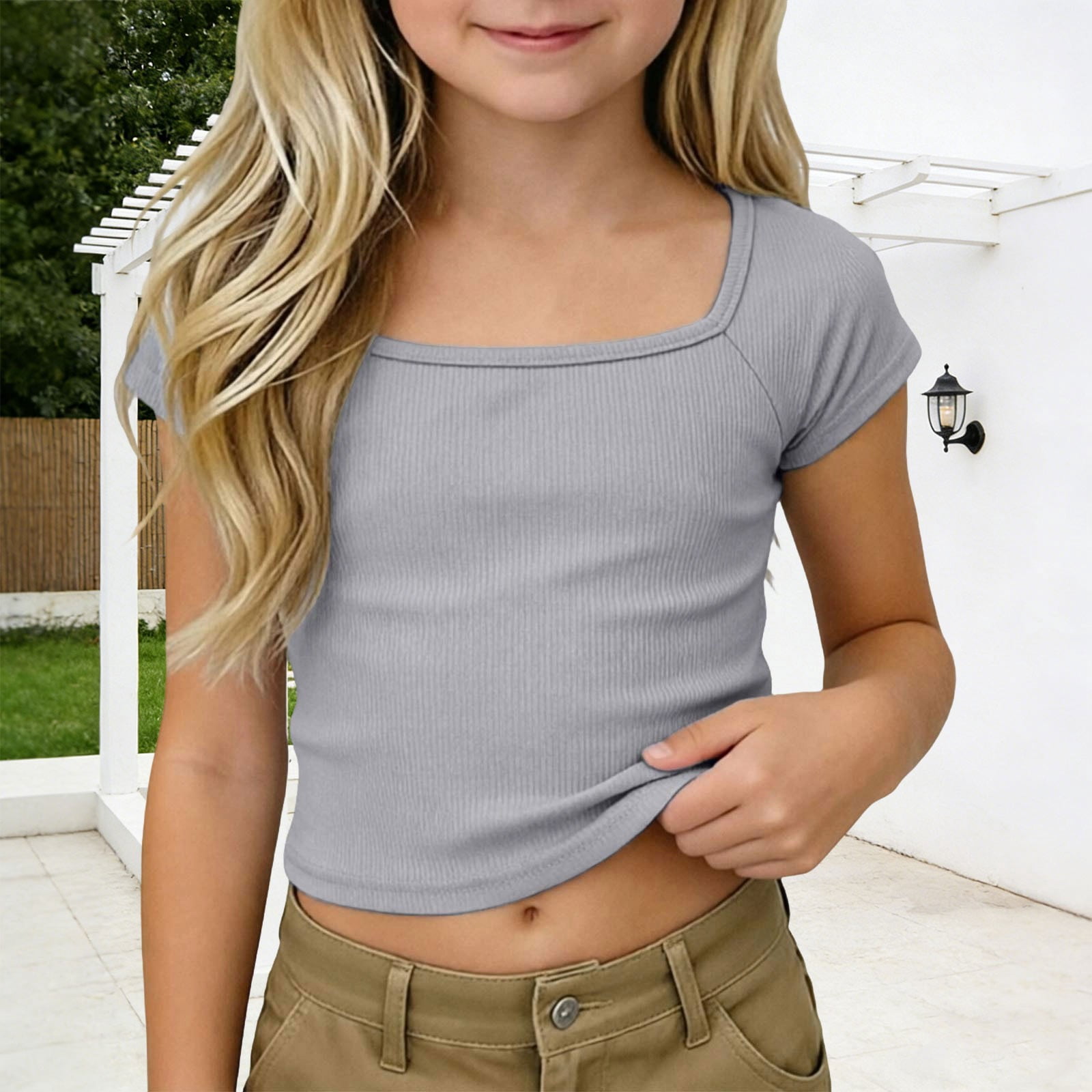 2026 Girls Crop Tops Ribbed Knit Short Sleeve Shirts Square Neck Basic ...