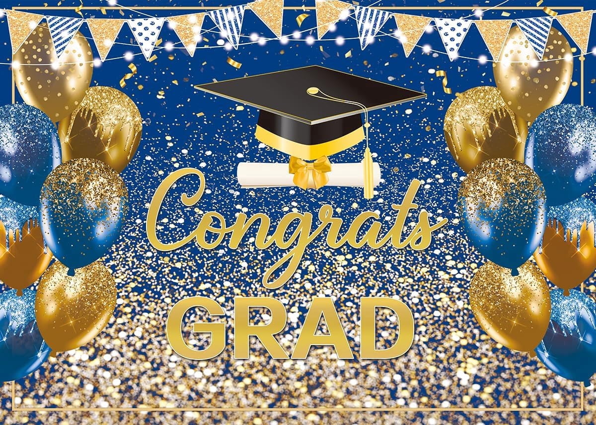 2026 Graduation Backdrop Blue Gold Congrats Grad Bachelor Cap Balloon ...