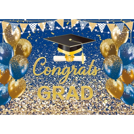 2026 Graduation Backdrop Blue Gold Congrats Grad Bachelor Cap Balloon ...