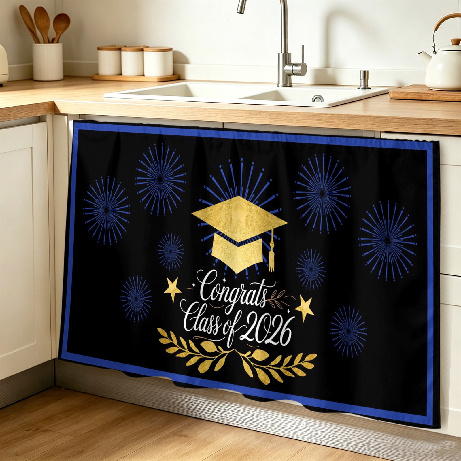 2026 Graduation Cabinet Curtain 28"W x 51"L, Yellow Star Botanical ...