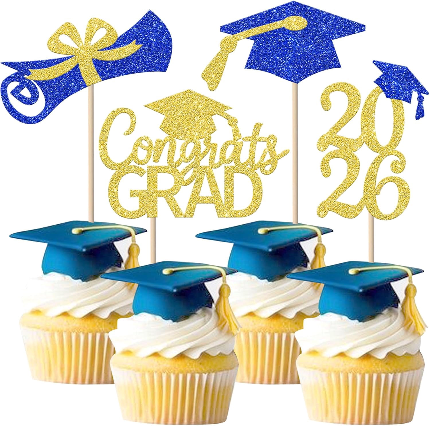 2026 Graduation Cupcake Toppers 12 PCS, Blue & Gold Glitter Congrats ...