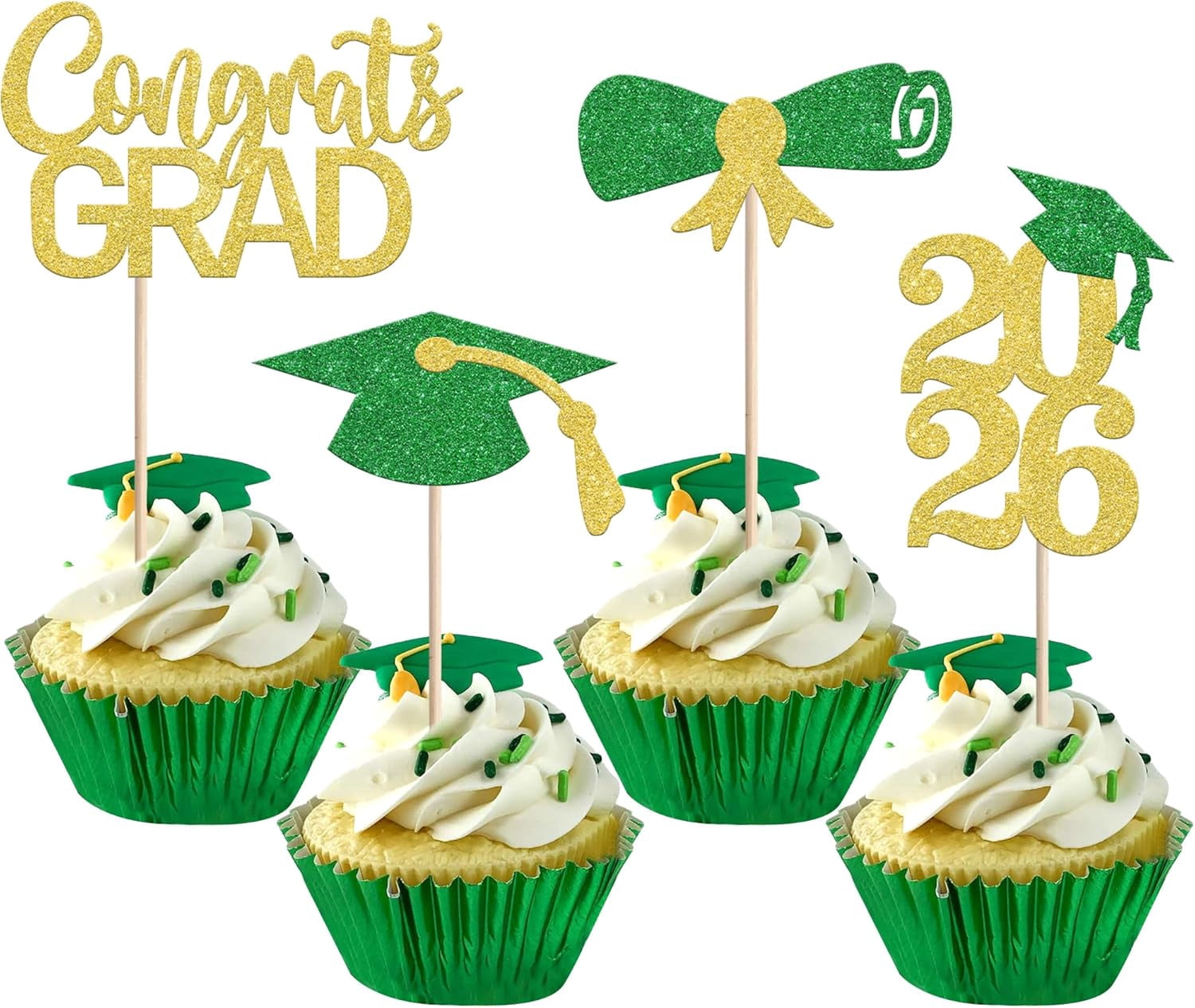 2026 Graduation Cupcake Toppers 12 PCS, Green & Gold Glitter 4 Styles ...