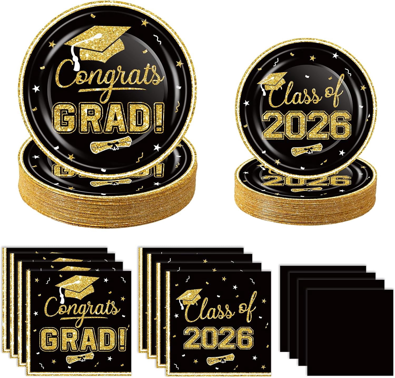 2026 Graduation Party Supplies Tableware Set - 200 Pcs Black Gold ...