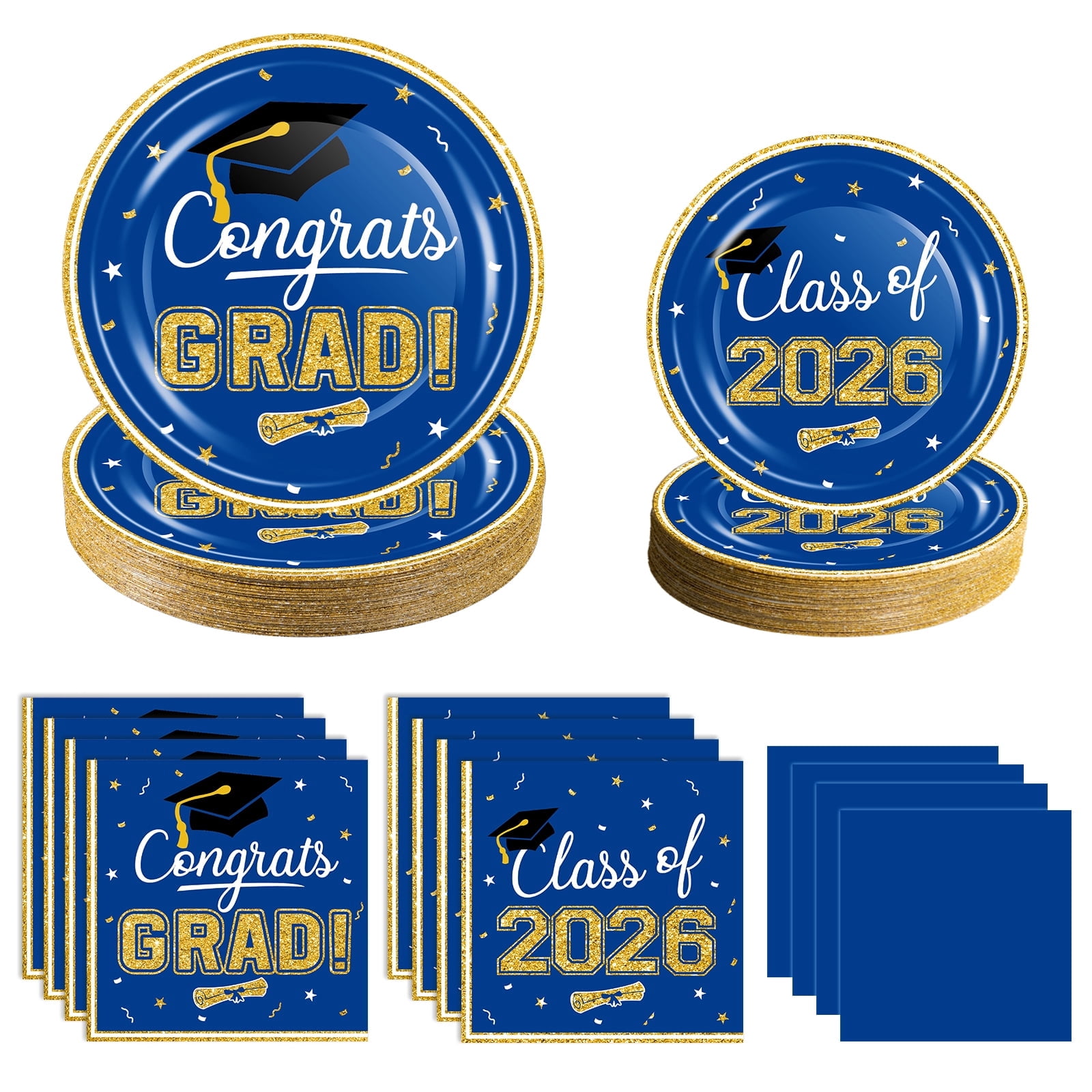 2026 Graduation Party Supplies Tableware Set - 200 Pcs Blue Gold ...