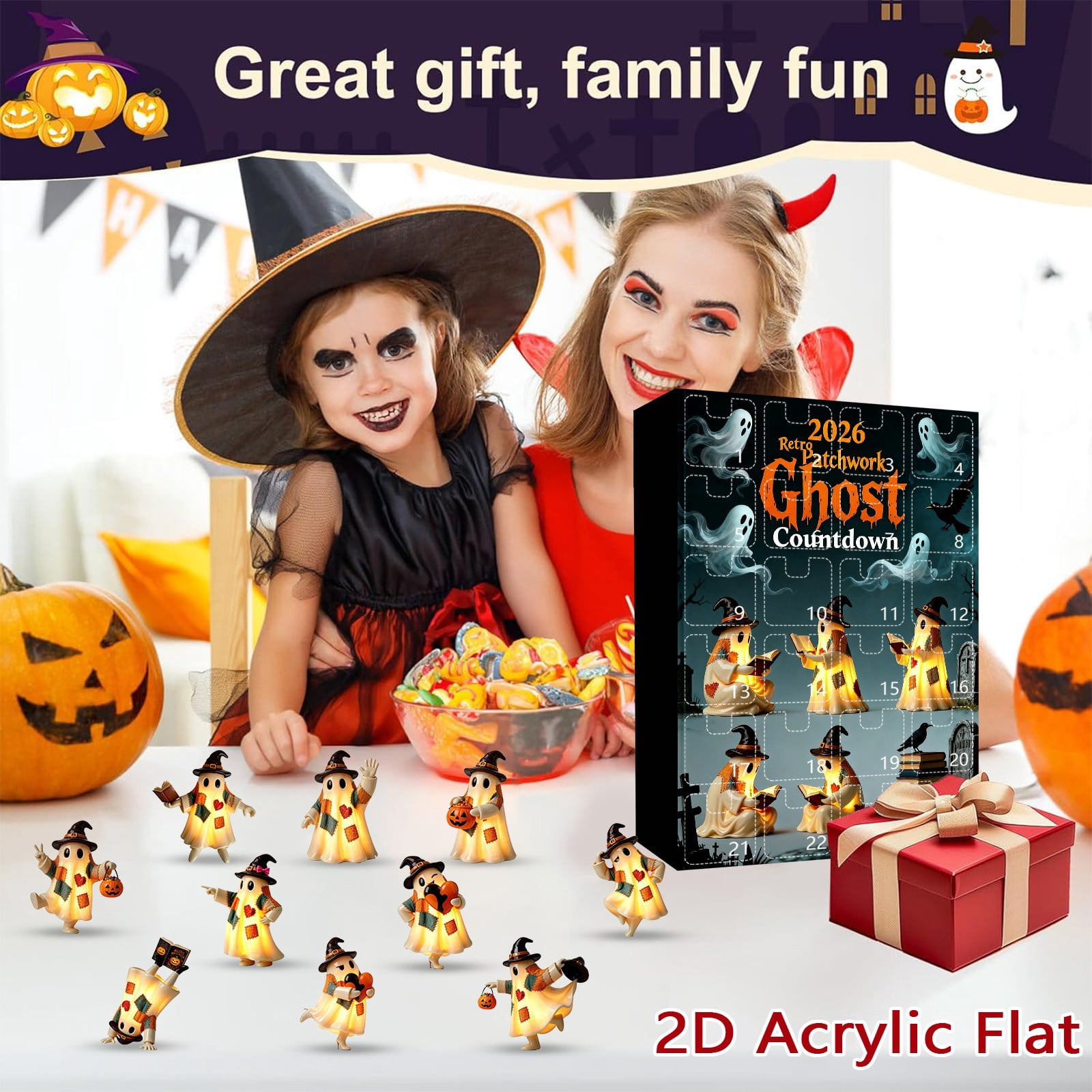 2026 Halloween Ghost Advent Calendar Box 2D Light Up Hanging Ornament ...