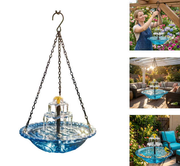 2026 Hanging Bird Bath with Solar Fountain, 9.25" Double Layer Outdoor ...