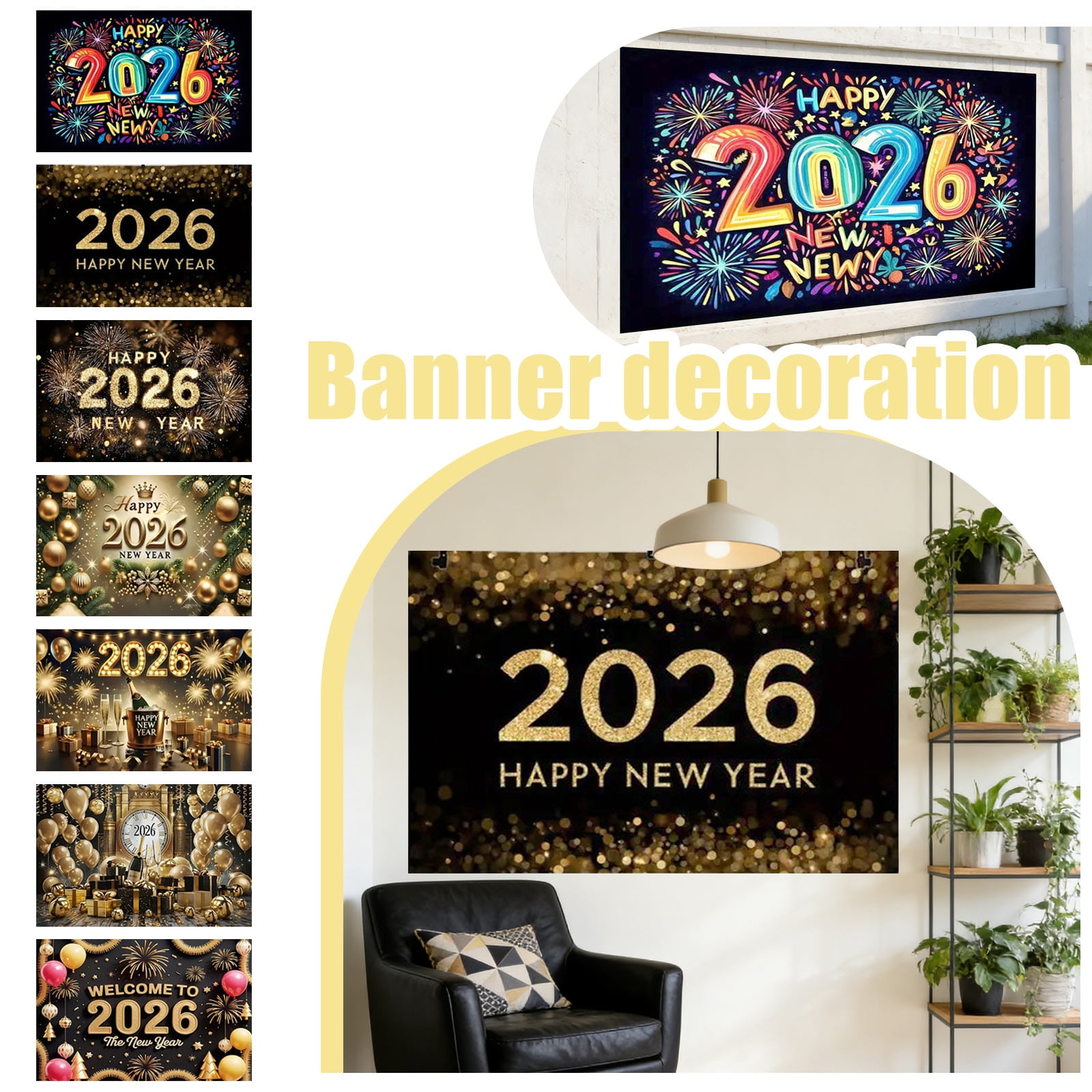 2026 Happy New Year Banner Large Fireworks Backdrop for Indoor Outdoor ...