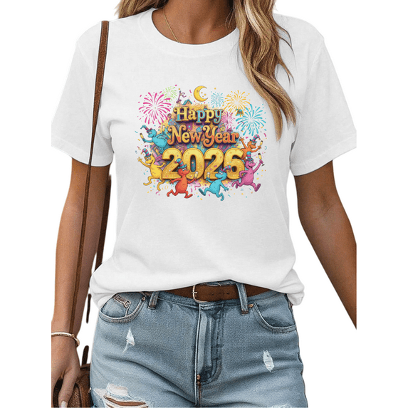 2026 Happy New Year Print T-Shirt Graphic Tees Shirts White Festive ...