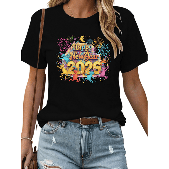2026 Happy New Year Print Tshirt Graphic Tees Shirts Black Colorful ...