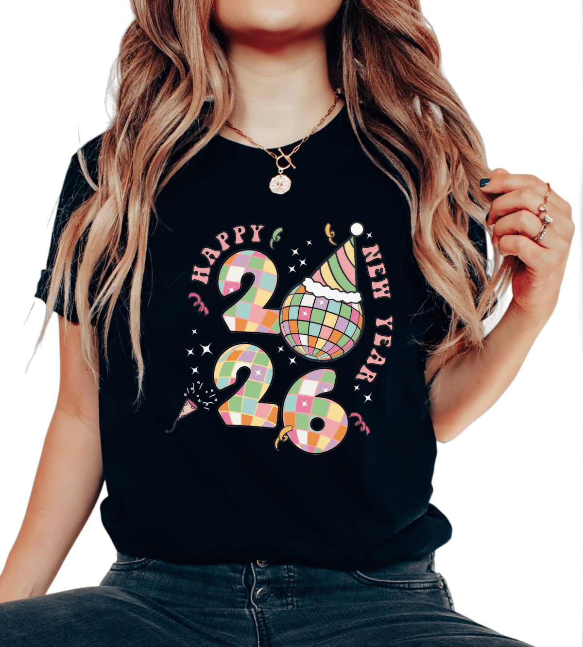 2026 Happy New Year Print Tshirt Graphic Tees Shirts Black Disco Ball ...