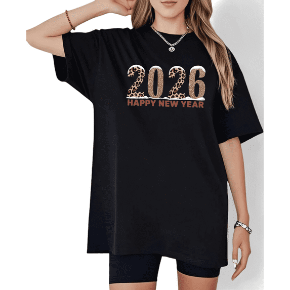 2026 Happy New Year Print Tshirt Graphic Tees Shirts Black Leopard ...