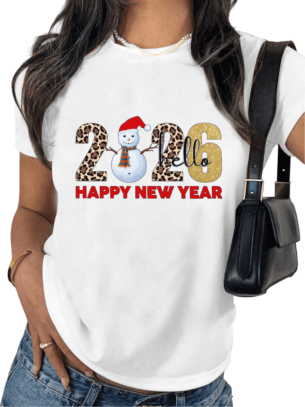 2026 Happy New Year Print Tshirt Women Graphic Tees Snowman Leopard ...