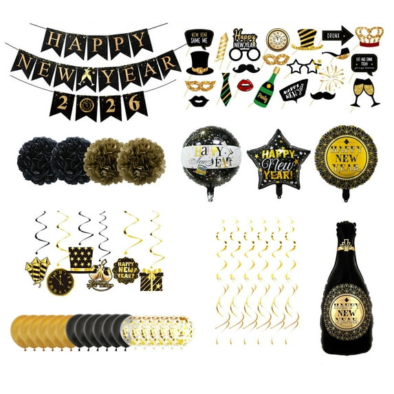 2026 Happy New Years Decorations Set, Black Gold New Years Eve Party ...