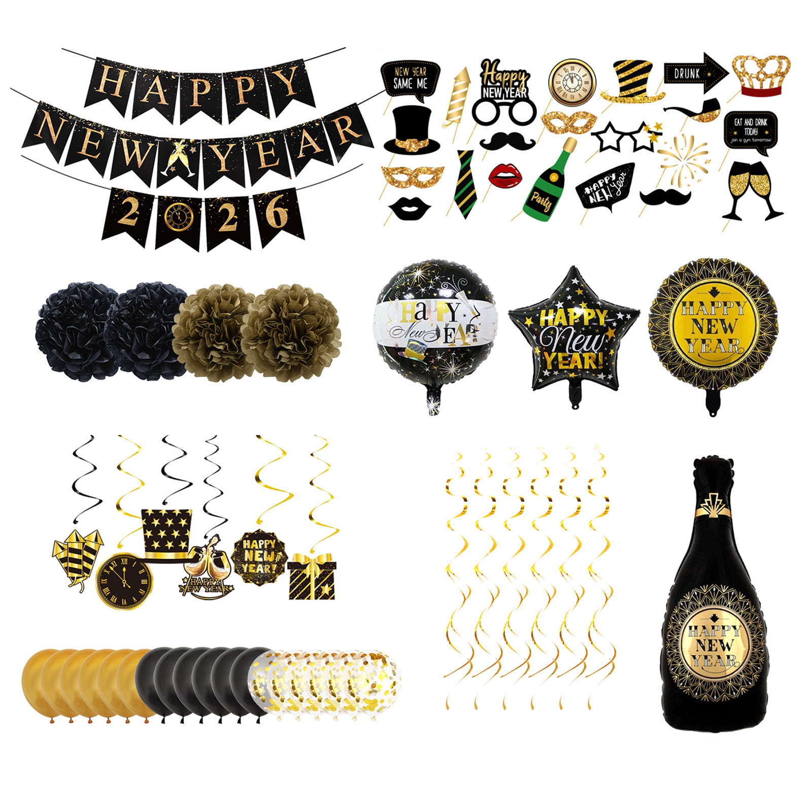 2026 Happy New Years Decorations Set, Black Gold New Years Eve Party ...