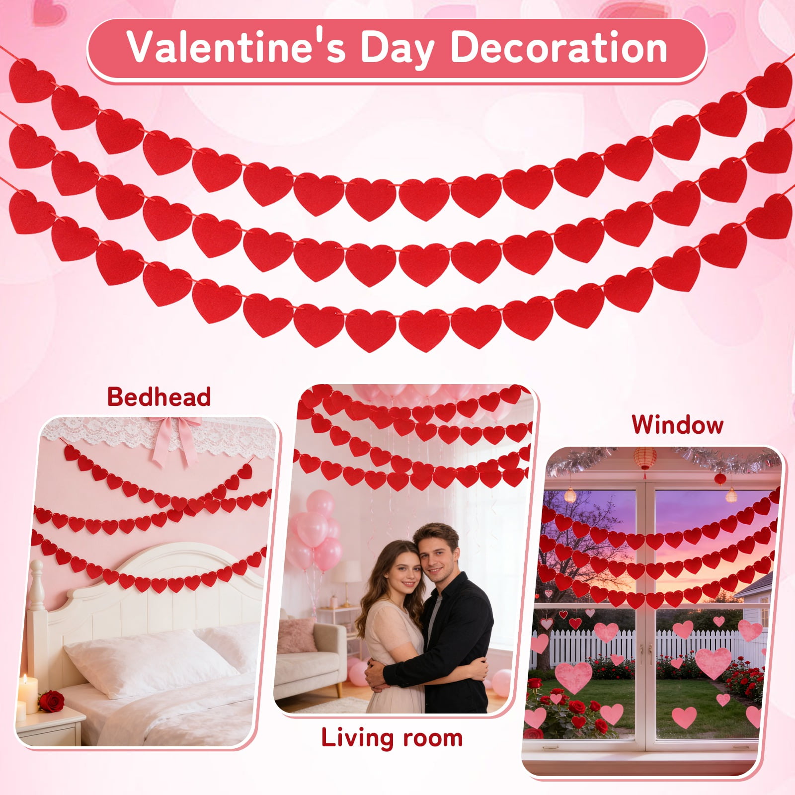 2026 Heart Garland Banner for Valentines Day Decorations Red Pink Heart ...