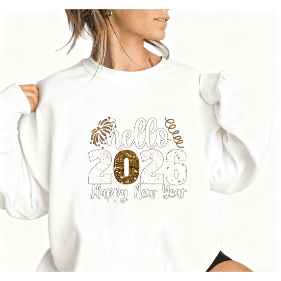 2026 Hello Sweatshirt White S-3XL White Gold Glitter Print Sweatshirt ...