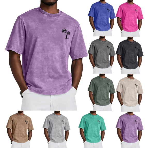 2026 Hot Sale Mens Vintage Wash Oversized T-Shirt Palm Tree Sunset ...