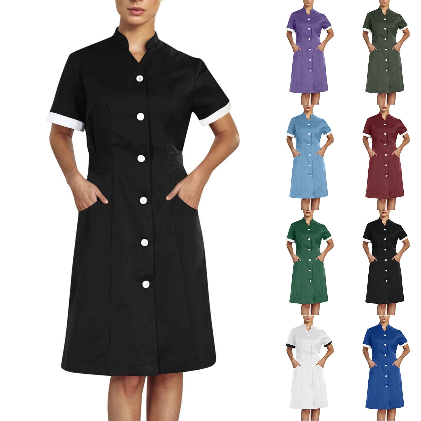 2026 Housekeeping Maid Uniform Dress Womens Button Down Scrub Dresses ...