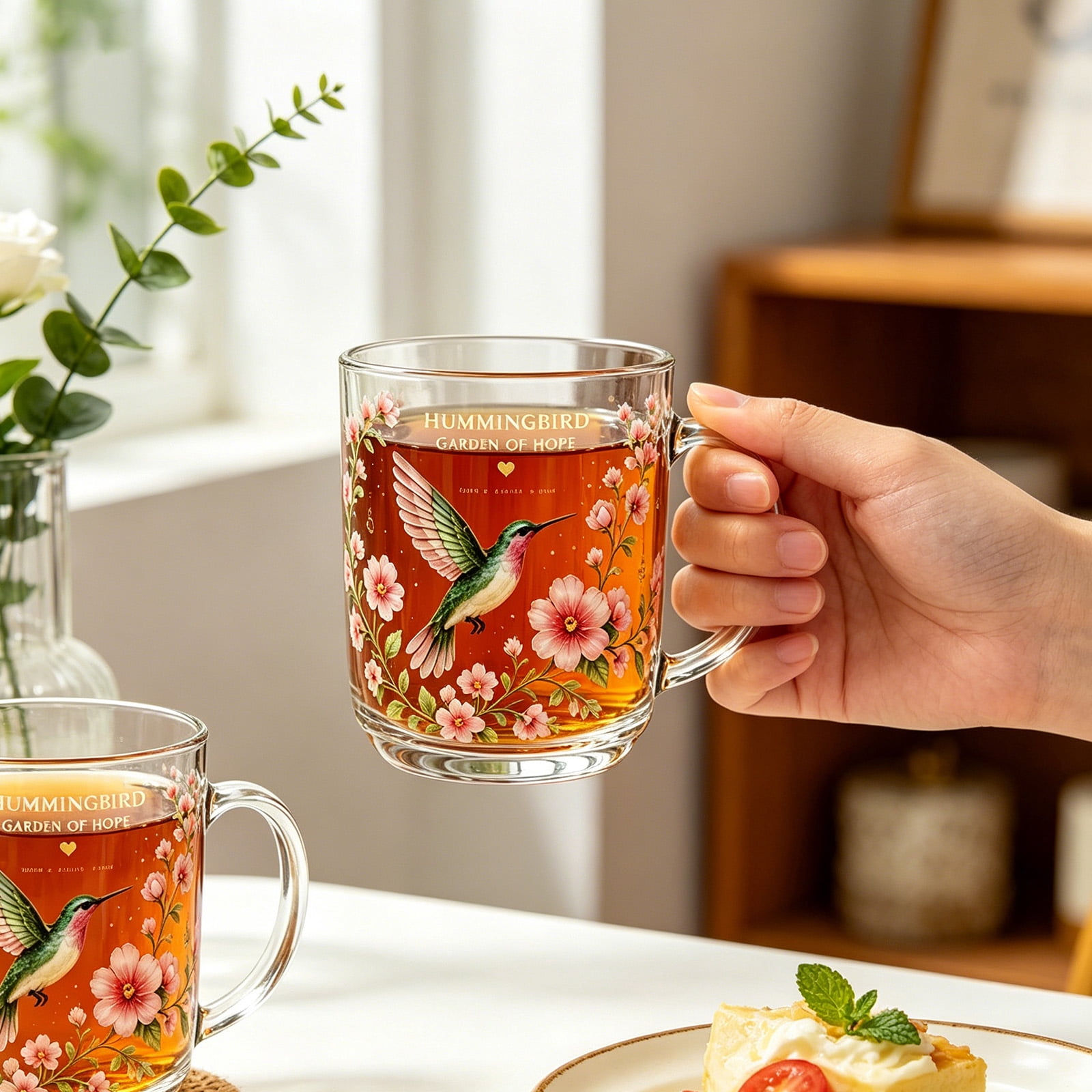 2026 Hummingbird Morning Bliss Glass Tea Cup, Pink Floral Glass Mug for ...