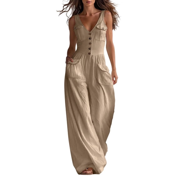 2026 Jumpsuits for Women Summer Wide Leg Sleeveless Button V Neck ...