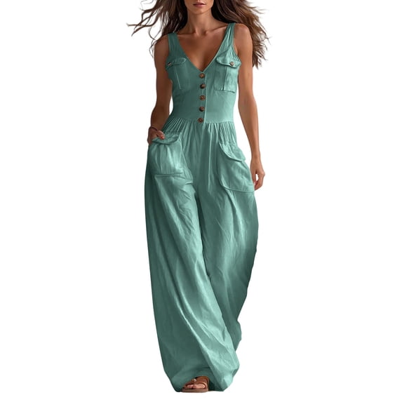 2026 Jumpsuits for Women Summer Wide Leg Sleeveless Button V Neck ...