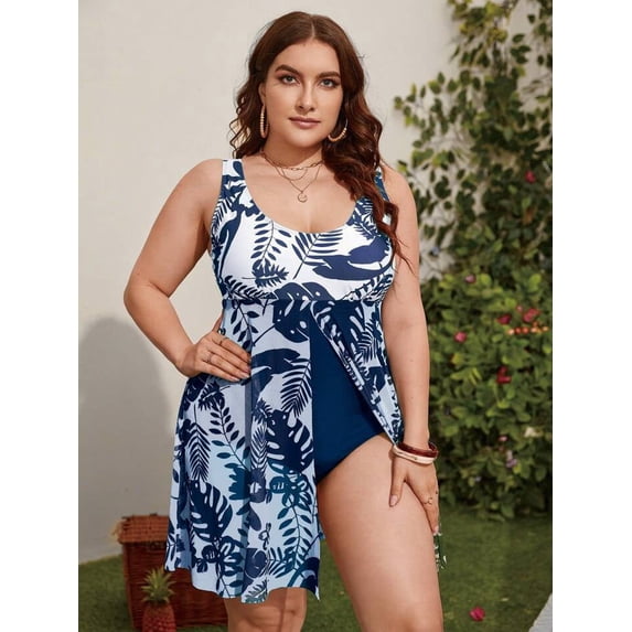 2026 Large Size Plant Print Ruffle Hem One Piece Swimsuit Plus Swimwear ...