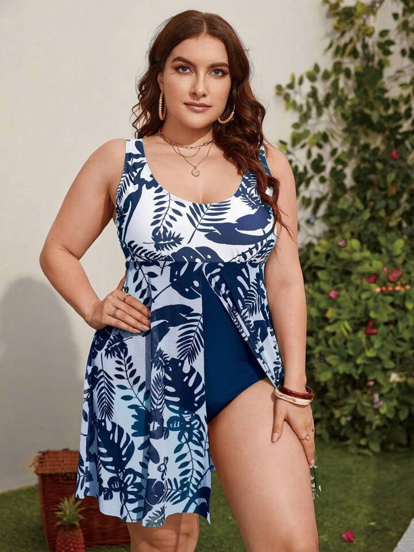 2026 Large Size Plant Print Ruffle Hem One Piece Swimsuit Plus Swimwear ...