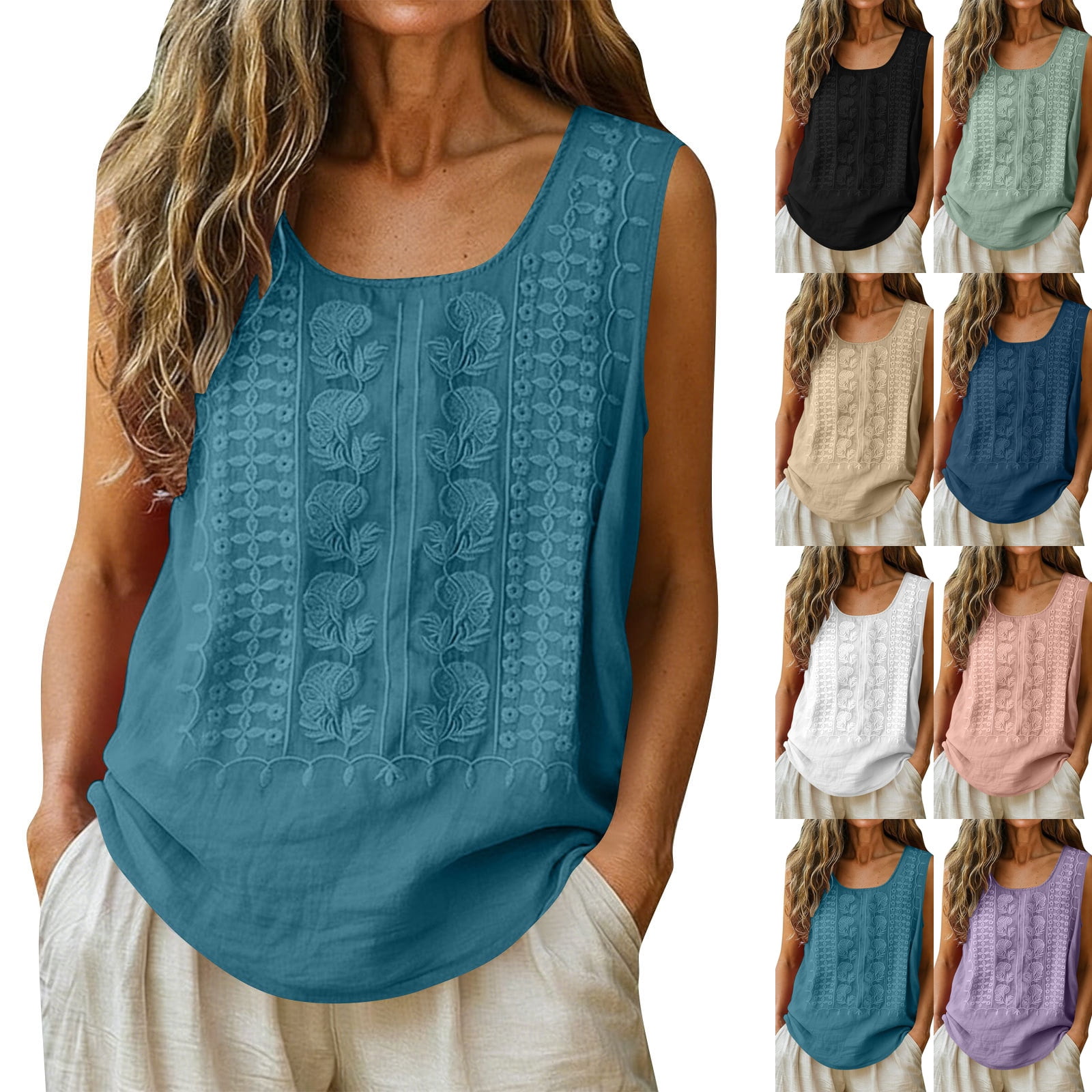 2026 Linen Tank Tops for Women Trendy Casual Short Sleeve Embroidered ...