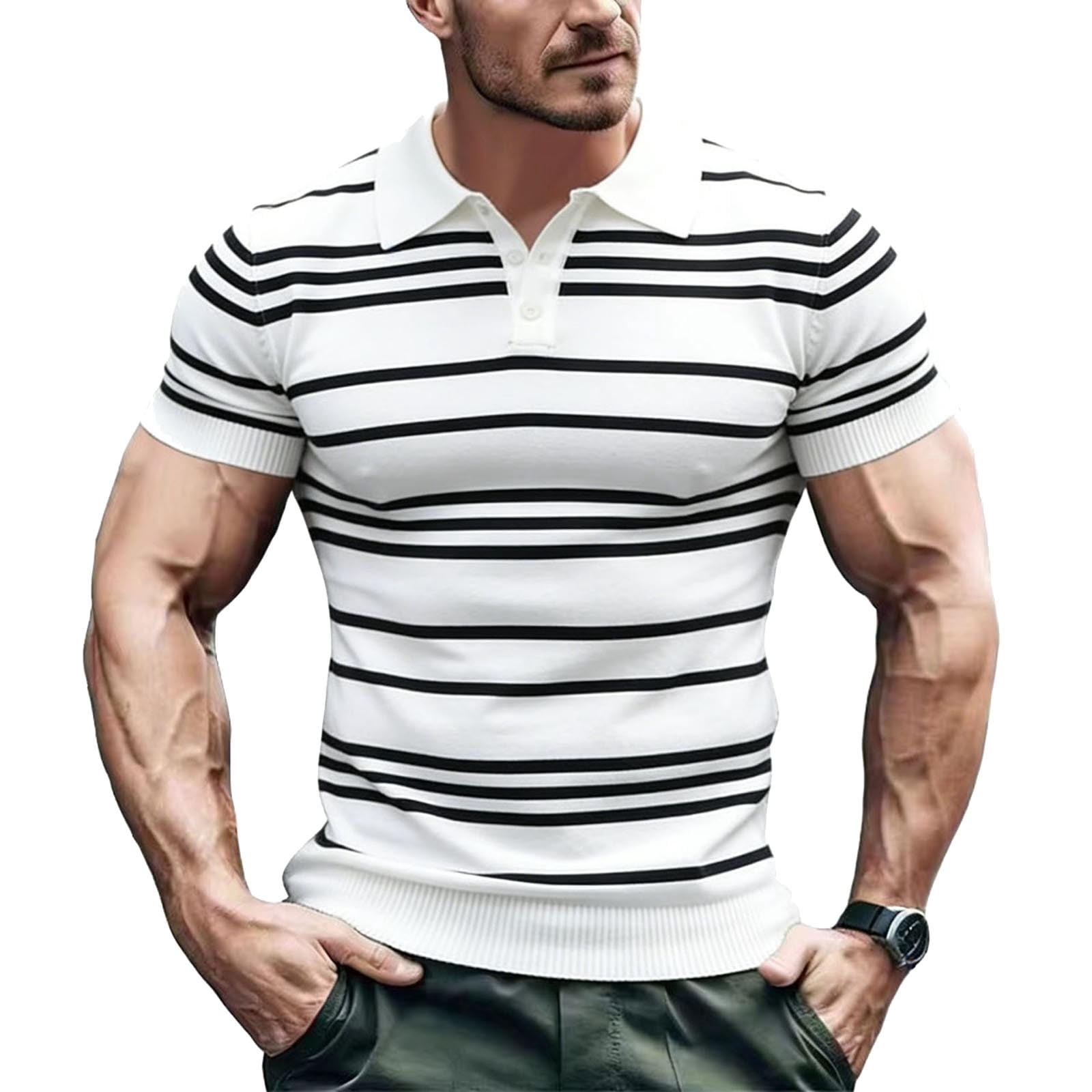 2026 Men's Fashion Stripe Knit Shirts Short Sleeve Casual Loose Fit ...