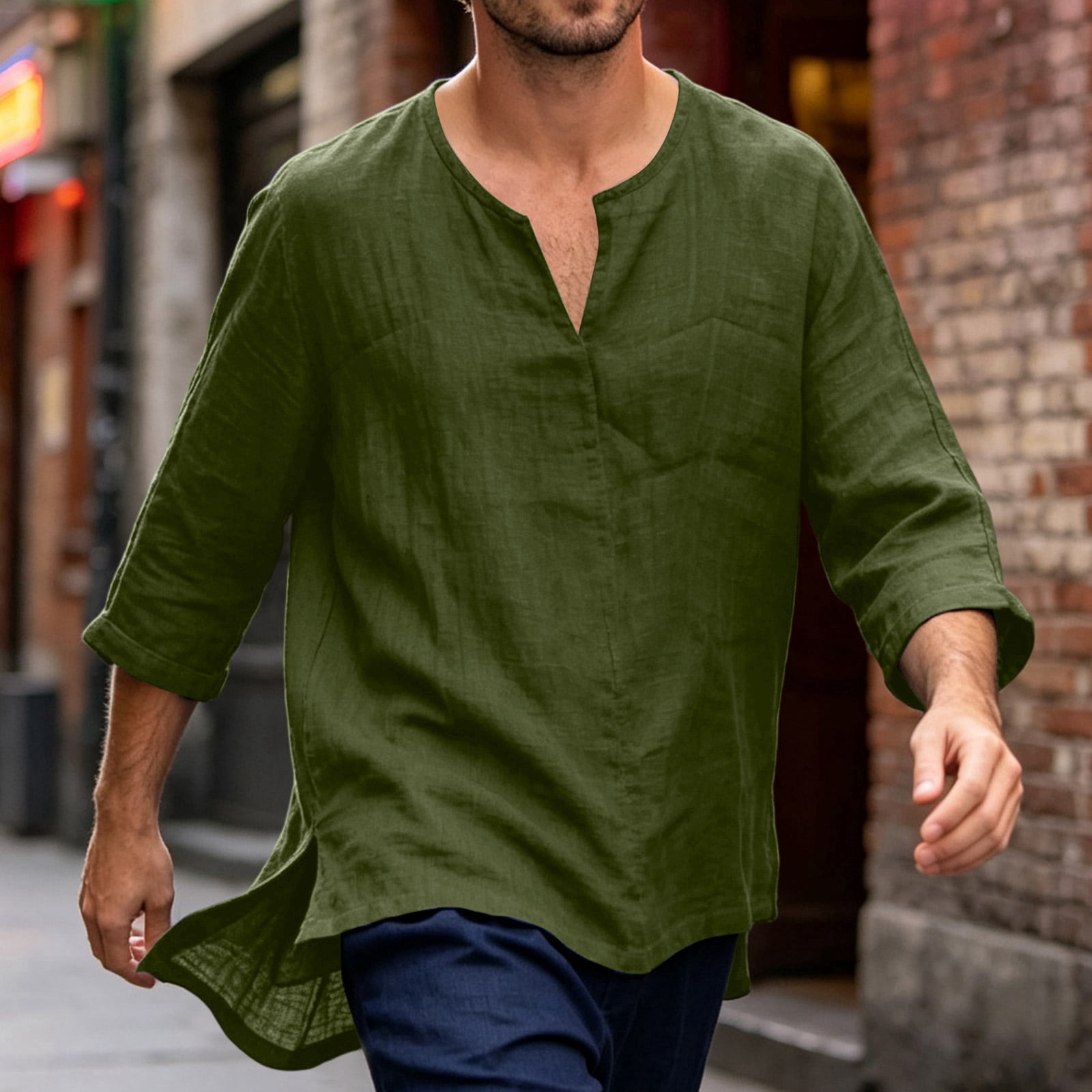 2026 Men's Solid Cotton Linen Henley Shirt V Neck 3/4 Sleeve Loose Fit ...