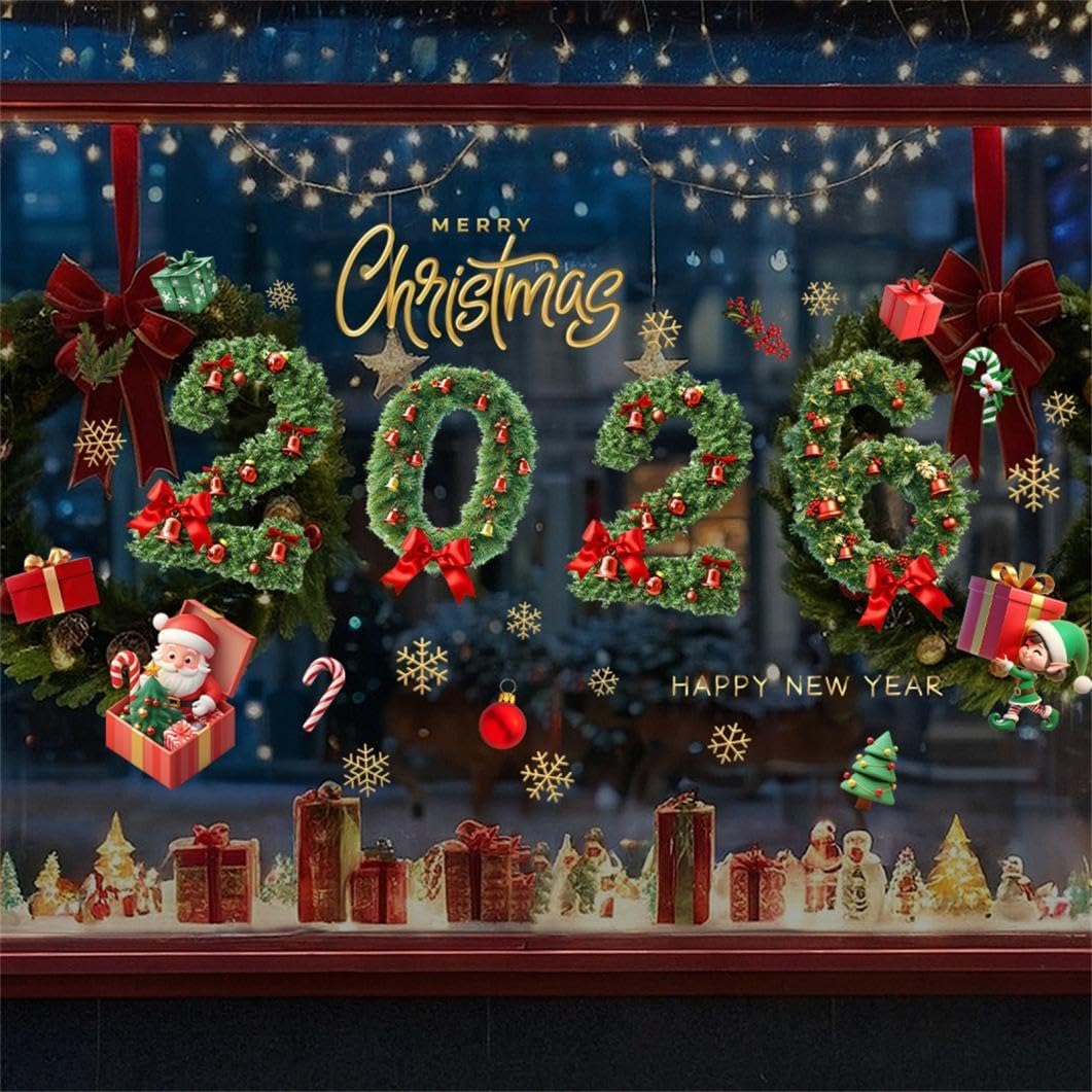 2026 Merry Christmas & Happy New Year Window Clings - Green Pine Needle ...