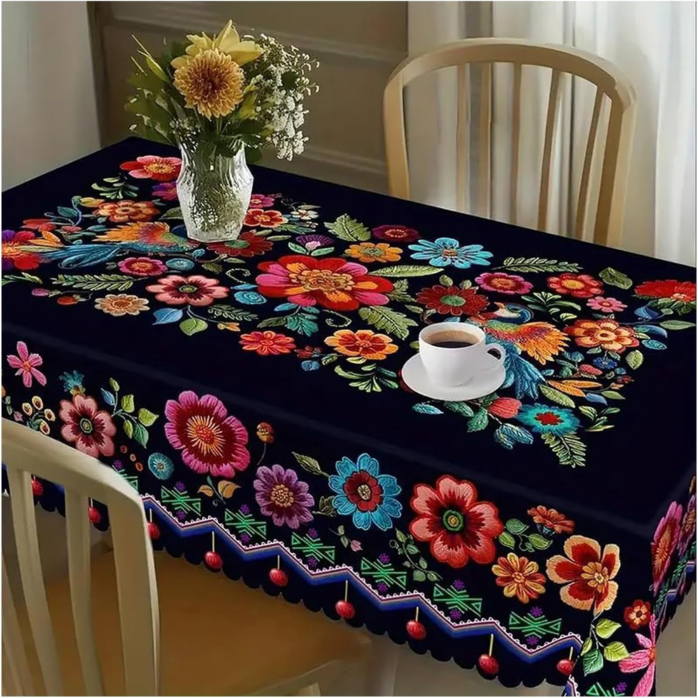 2026 Mexican Tablecloth, Mexican Folk Art Floral Tablecloth, Navy Blue ...